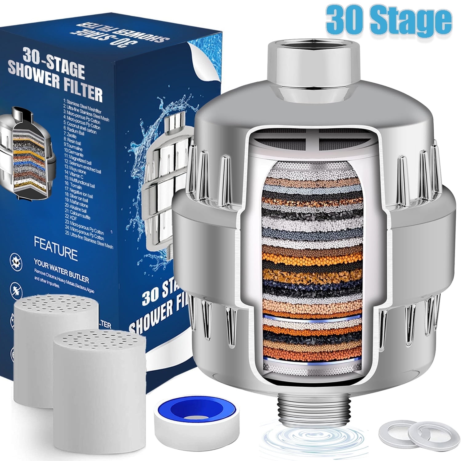 30 Stage Shower Filter For Hard Water, with 2 Replaceable Cartridge ...