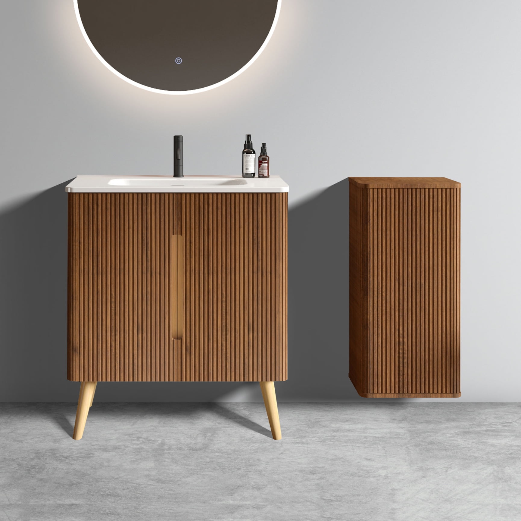 30" Striped Walnut Bathroom Vanity with Sink & Side Cabinet ...