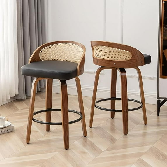 30" Swivel Rattan Bar Stools Set of 2,Mid-Century Modern Beige Linen ...