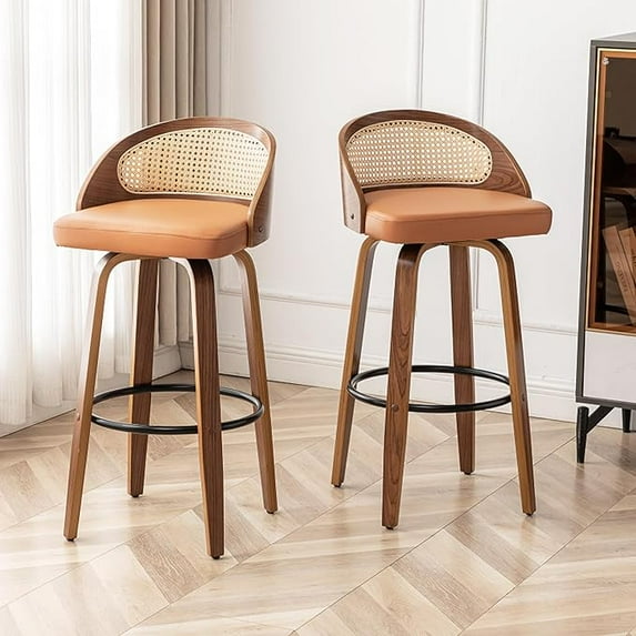 30" Swivel Rattan Bar Stools Set of 2,Mid-Century Modern Beige Linen ...