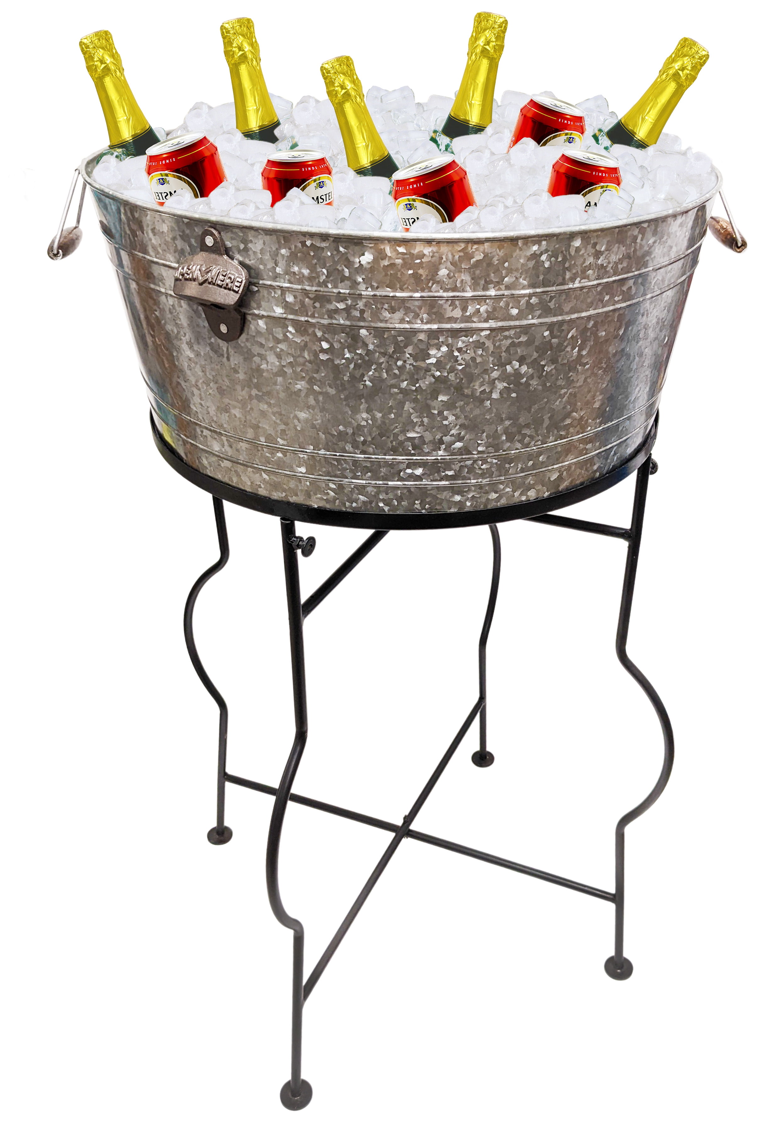 30" Galvanized Metal Cooler with Stand, Wooden Handles, and Bottle ...