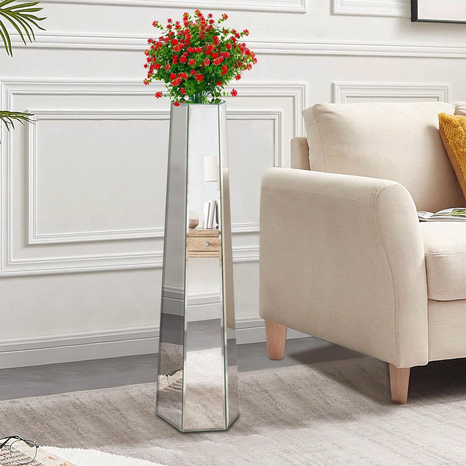 30" Tall Mirrored Floor Vase, Silver Big Vases For Decor Living Room ...