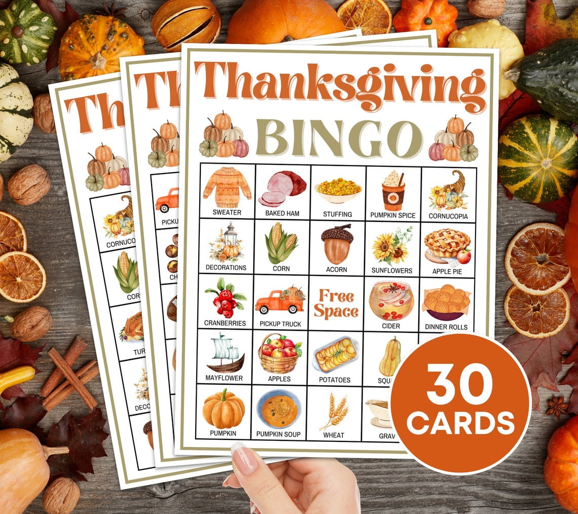 30 Thanksgiving Bingo Cards Printable Game, Fall Bingo Board Game ...