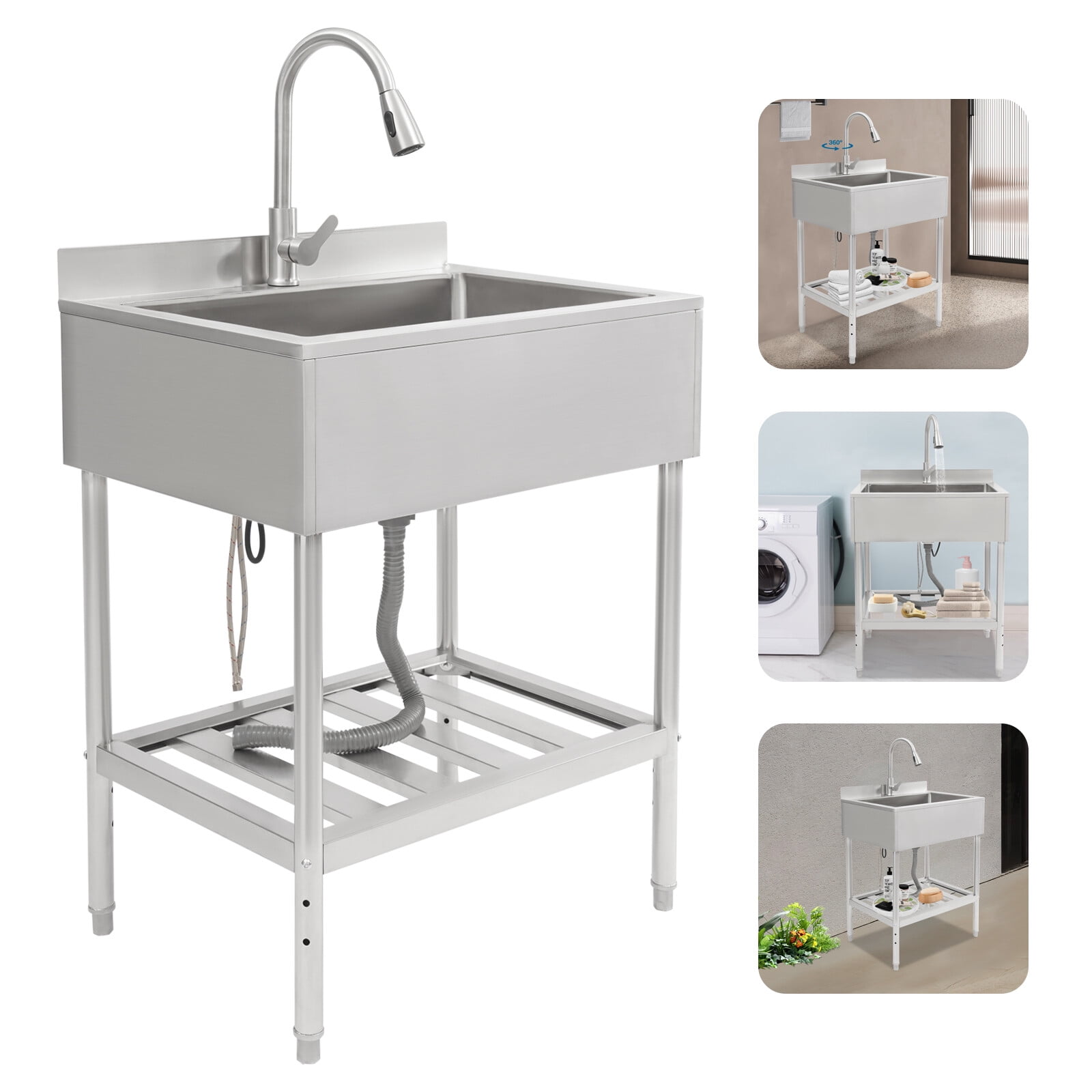 30" Utility Sink Free Standing Single Bowl Kitchen Sink Stainless Steel ...