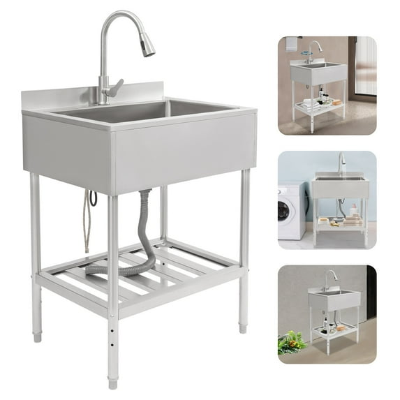 30" Utility Sink Free Standing Single Bowl Kitchen Sink Stainless Steel ...