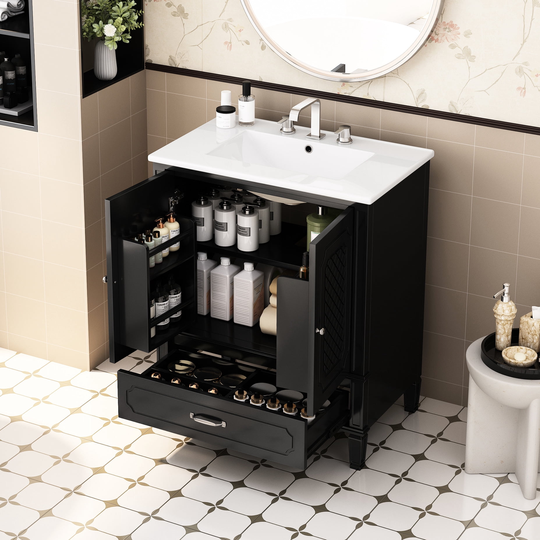 30" Vintage Bathroom Vanity Sink, Black Finish. Plentiful Storage ...