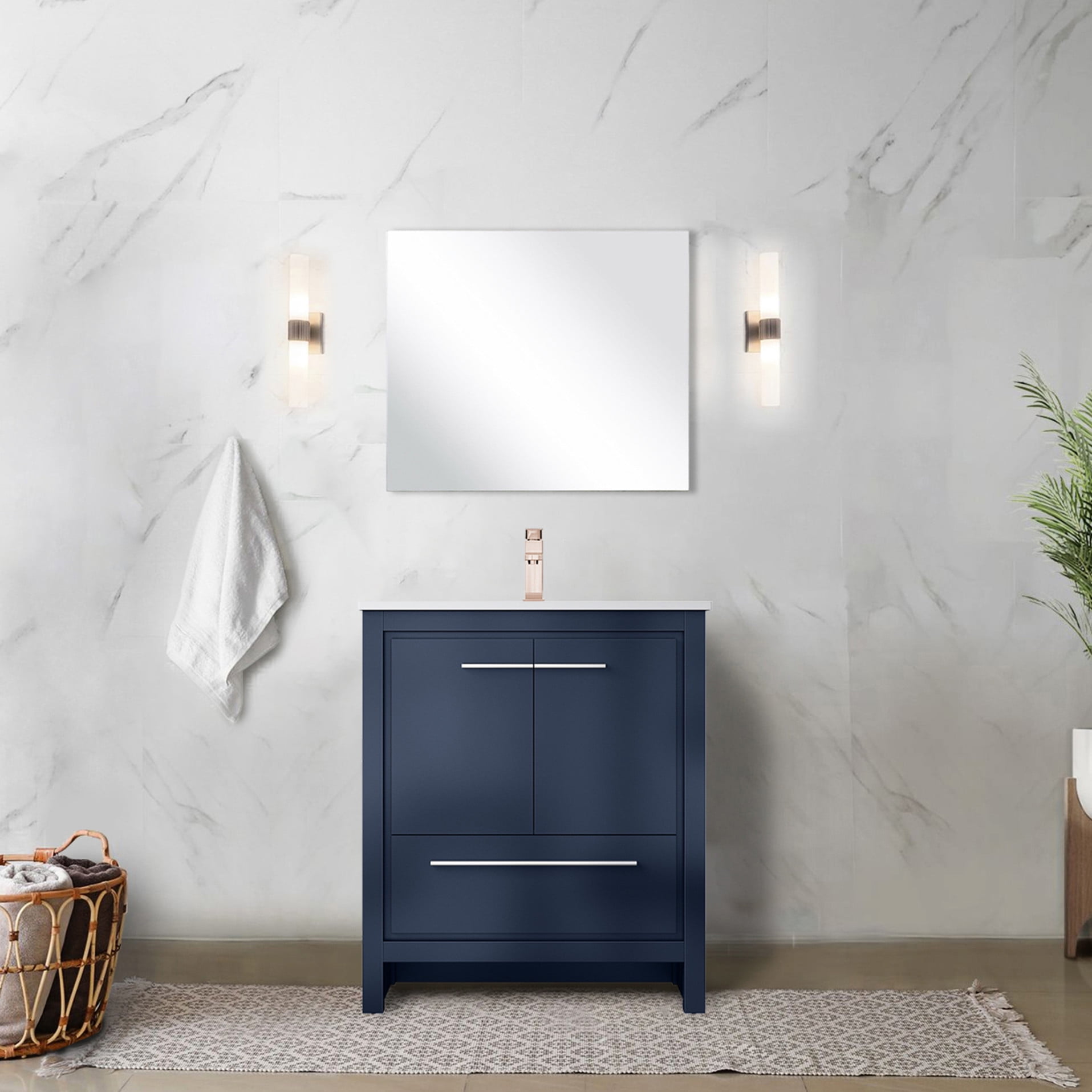 30" W X 20" D Navy Blue Bath Vanity, White Quartz Surface, Rose Gold ...