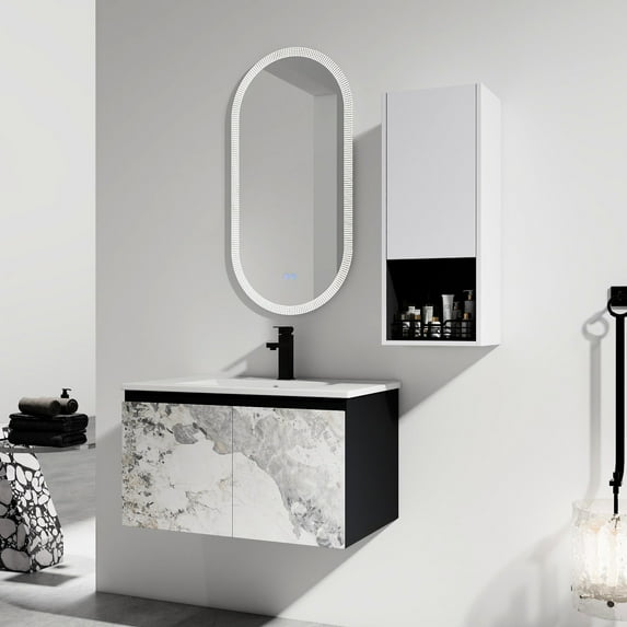 30" Wall-Mounted Bathroom Vanity with Ceramic Sink and Soft-Close Side ...