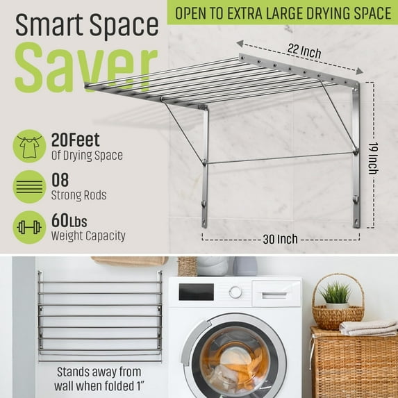 30" Wall Mounted Clothes Drying Rack, Stainless Steel Rods, 20 Linear ...