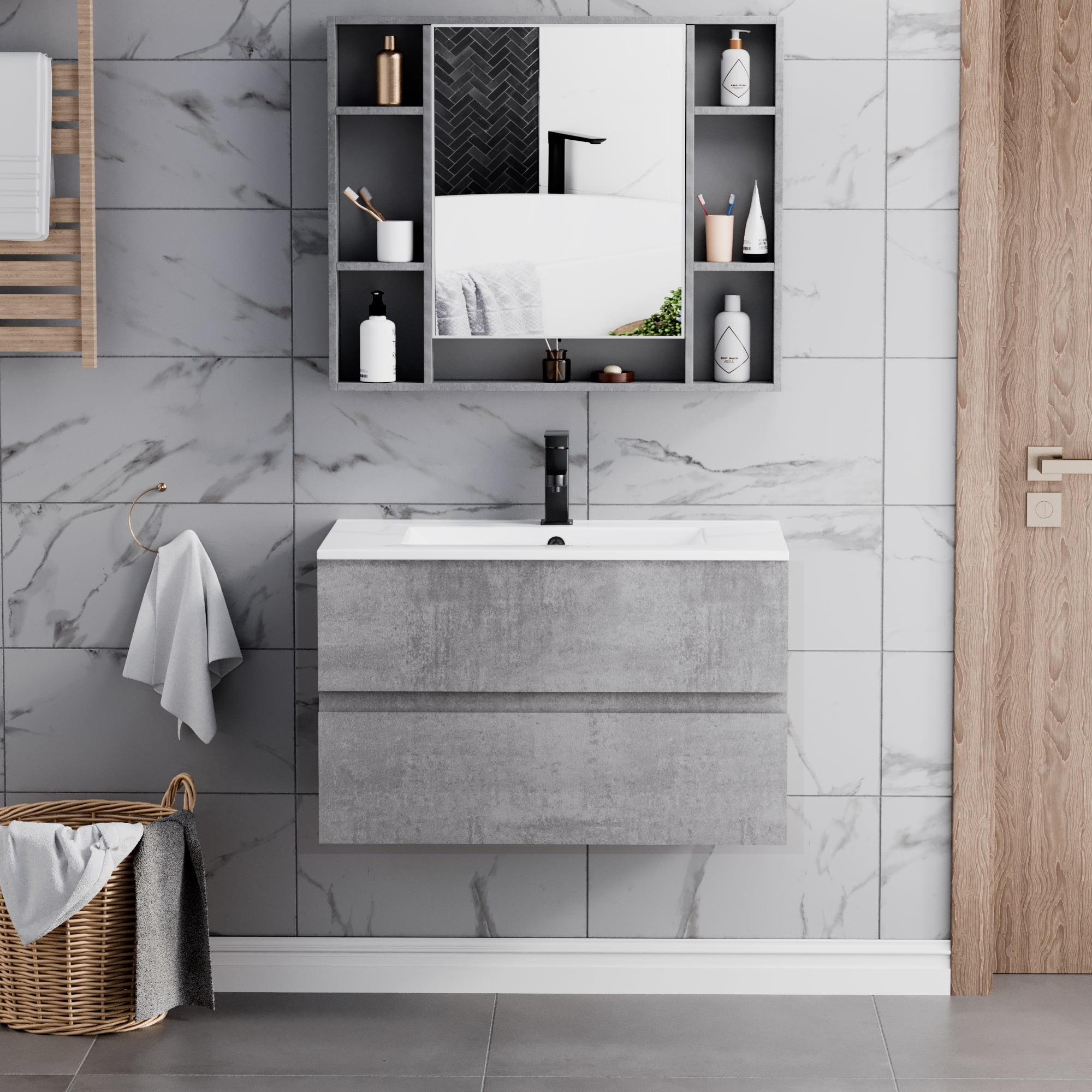 30" Wall mounted Bathroom Vanity with Ceramic Top, Cement Floating ...