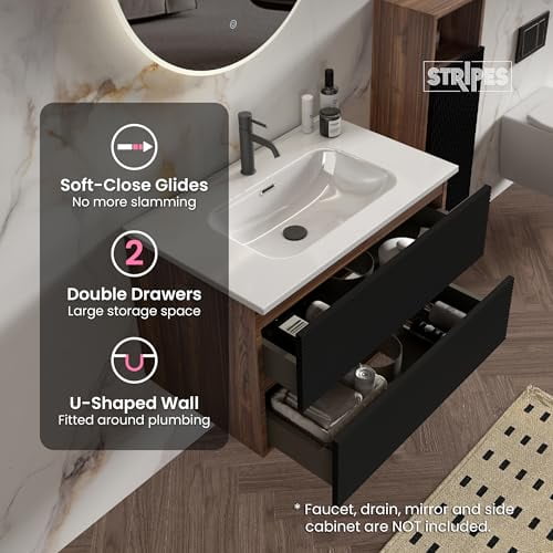 30″ Walnut & Black Floating Bathroom Vanity with Sink, Modern Bathroom ...