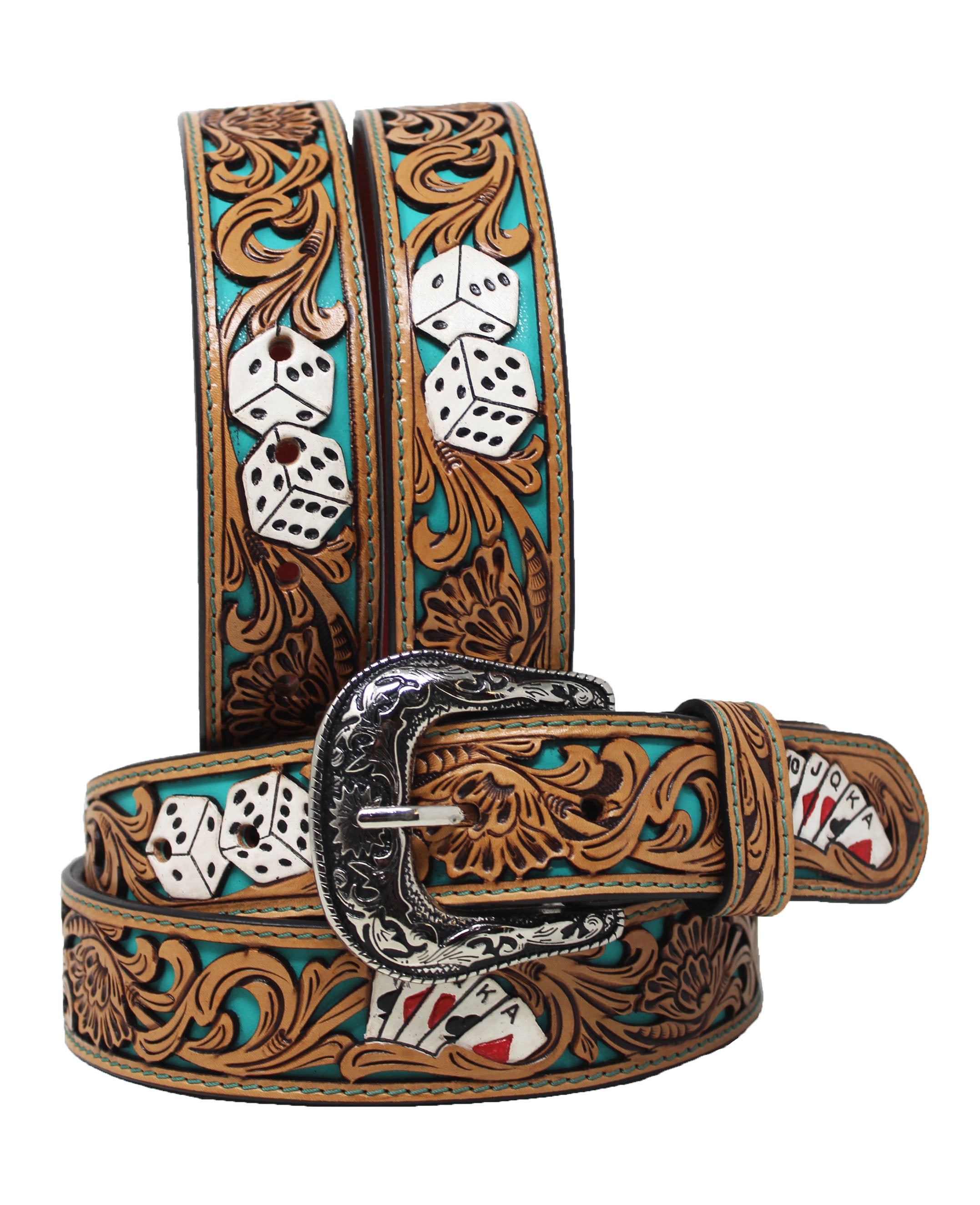 30" Western 1-1/2" Floral Turquoise Cowhide Filigree Brown Leather Belt ...