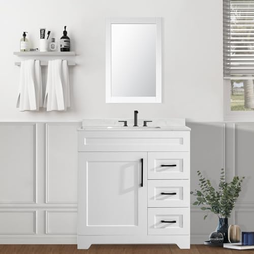 30" White Bathroom Vanity with Sink Engineered Stone Countertop ...