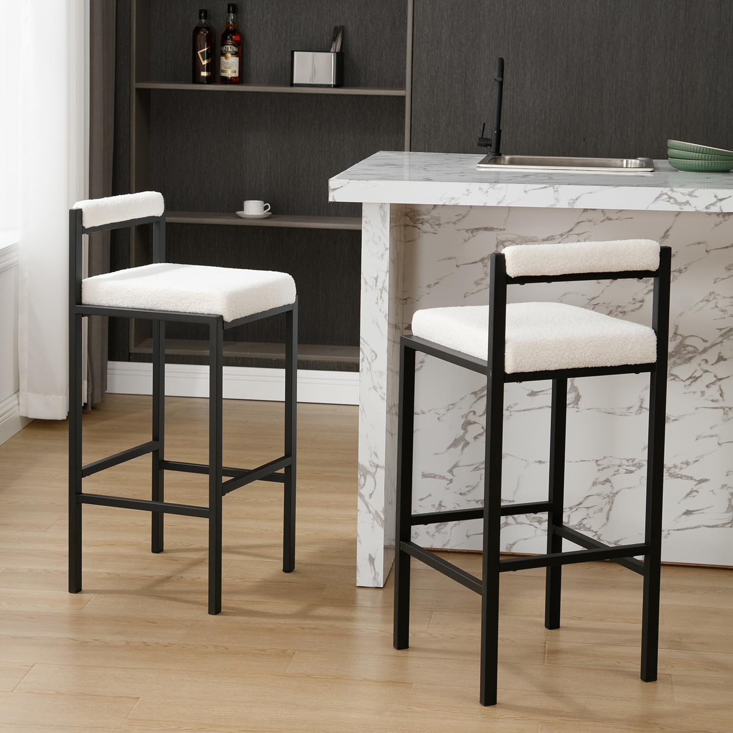 30" White & Black Bar Height Barstools Set of 2, Sherpa Upholstered ...