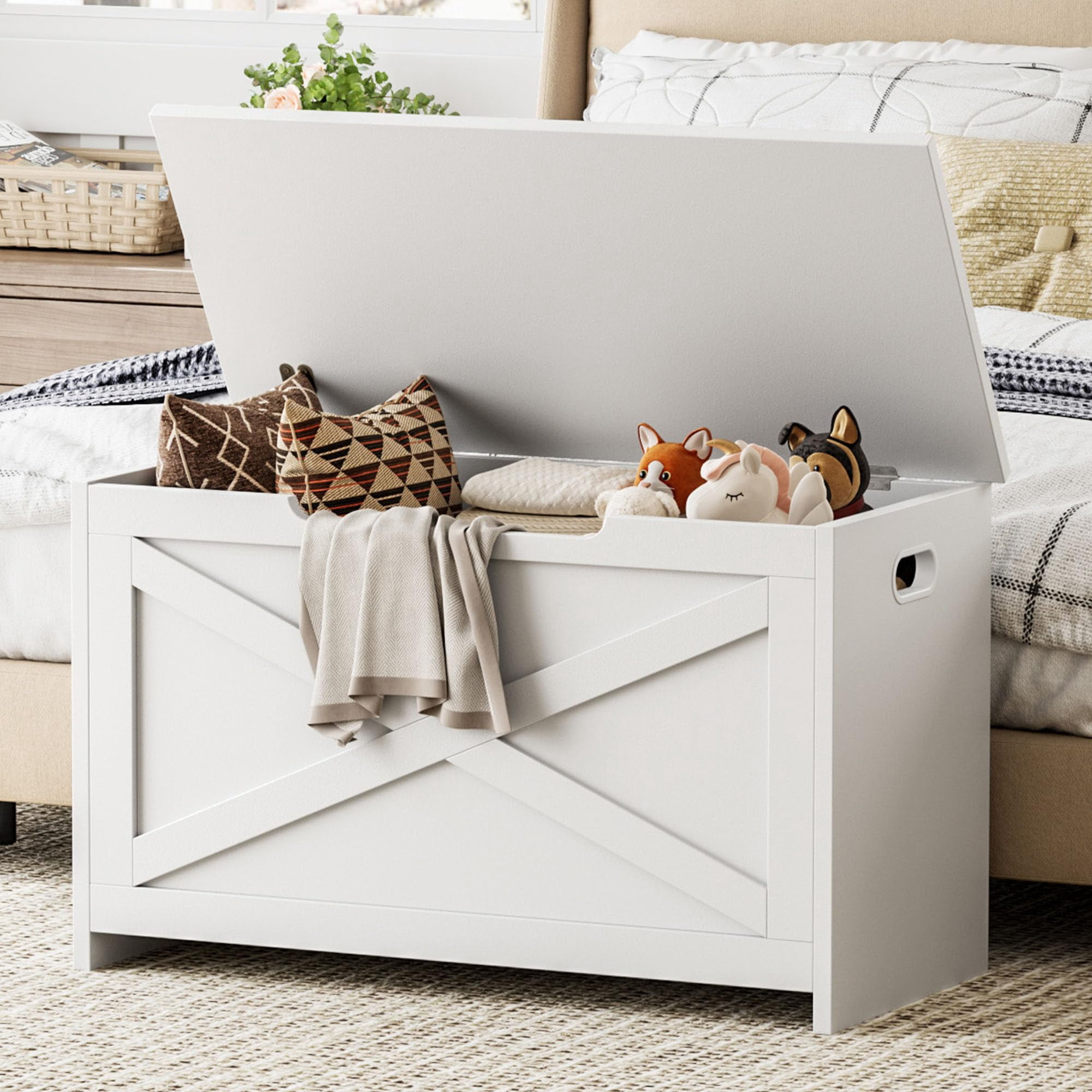 30'' Wooden Storage Bench with Safety Hinge, Wooden Box Large Storage ...
