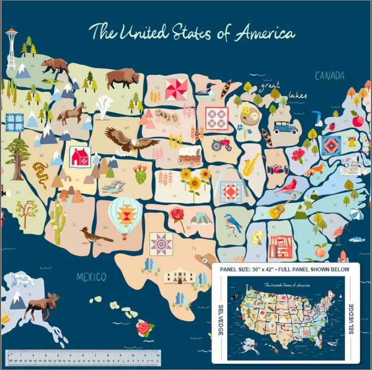 30" X 42" Panel Cross Country United States Map USA Navy Cotton Fabric ...