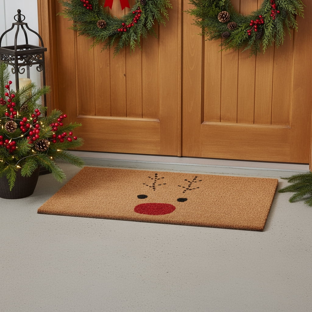 30" X 48" Brown Red And Black Christmas Reindeer Outdoor Coir Door Mat ...