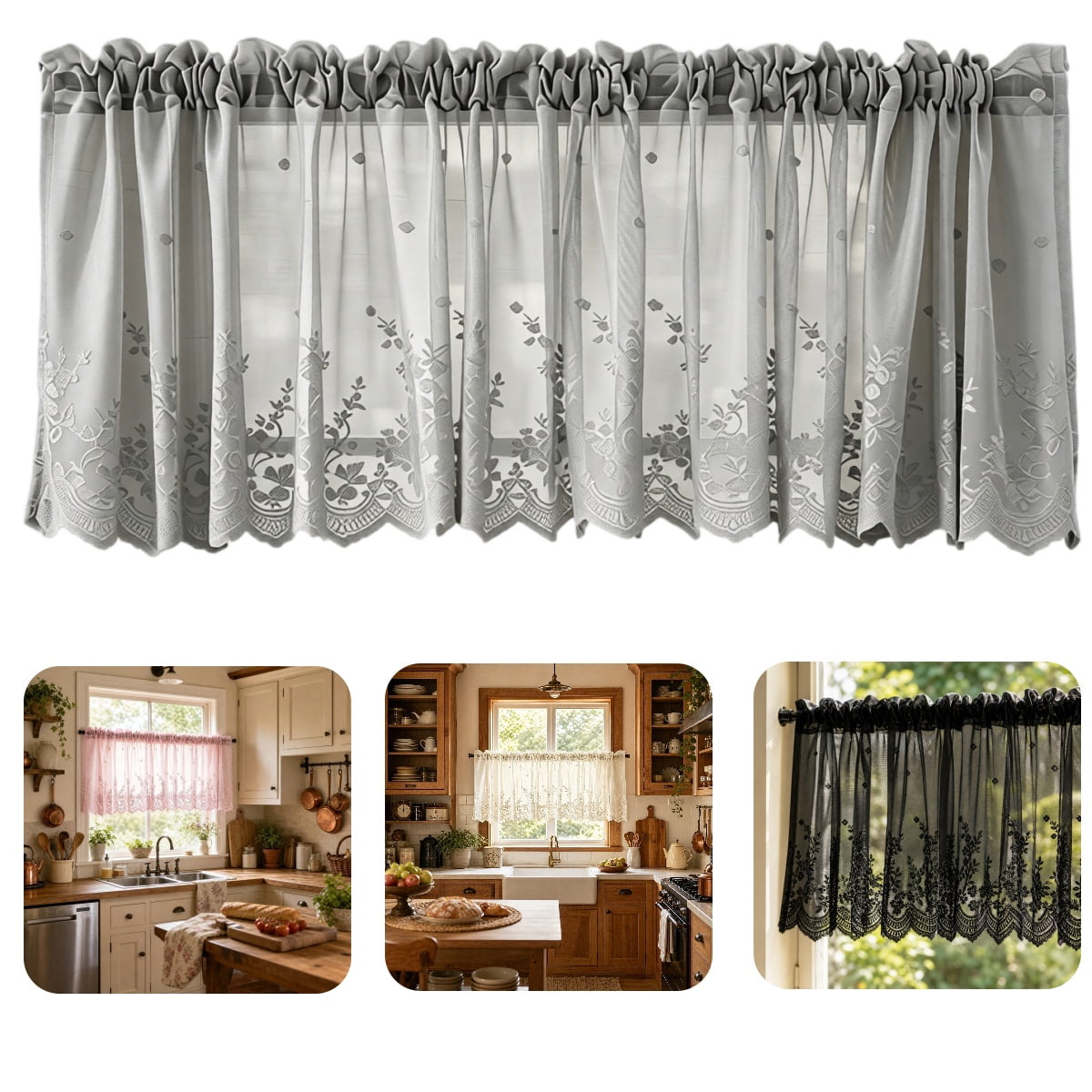 30"X24"Boho Lace Window Curtain Valance Embroidered Solid Color ...