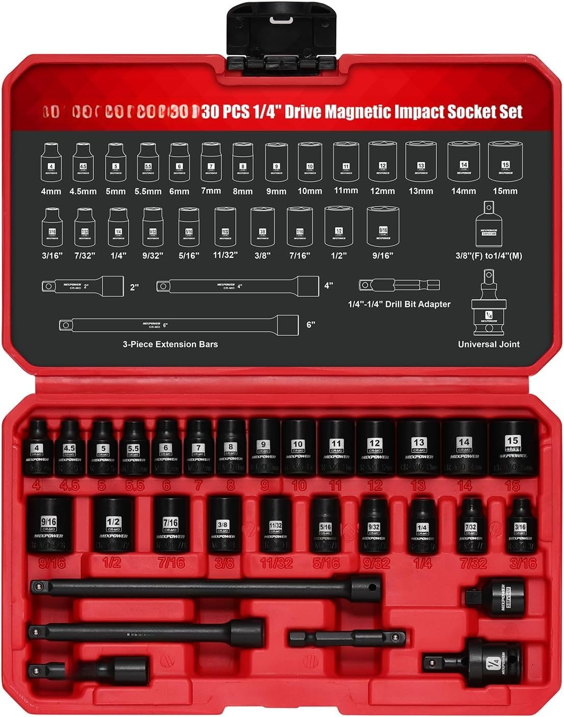 30 count 1/4" Drive Shallow Impact Socket Set,Metric/, 6-Point ...