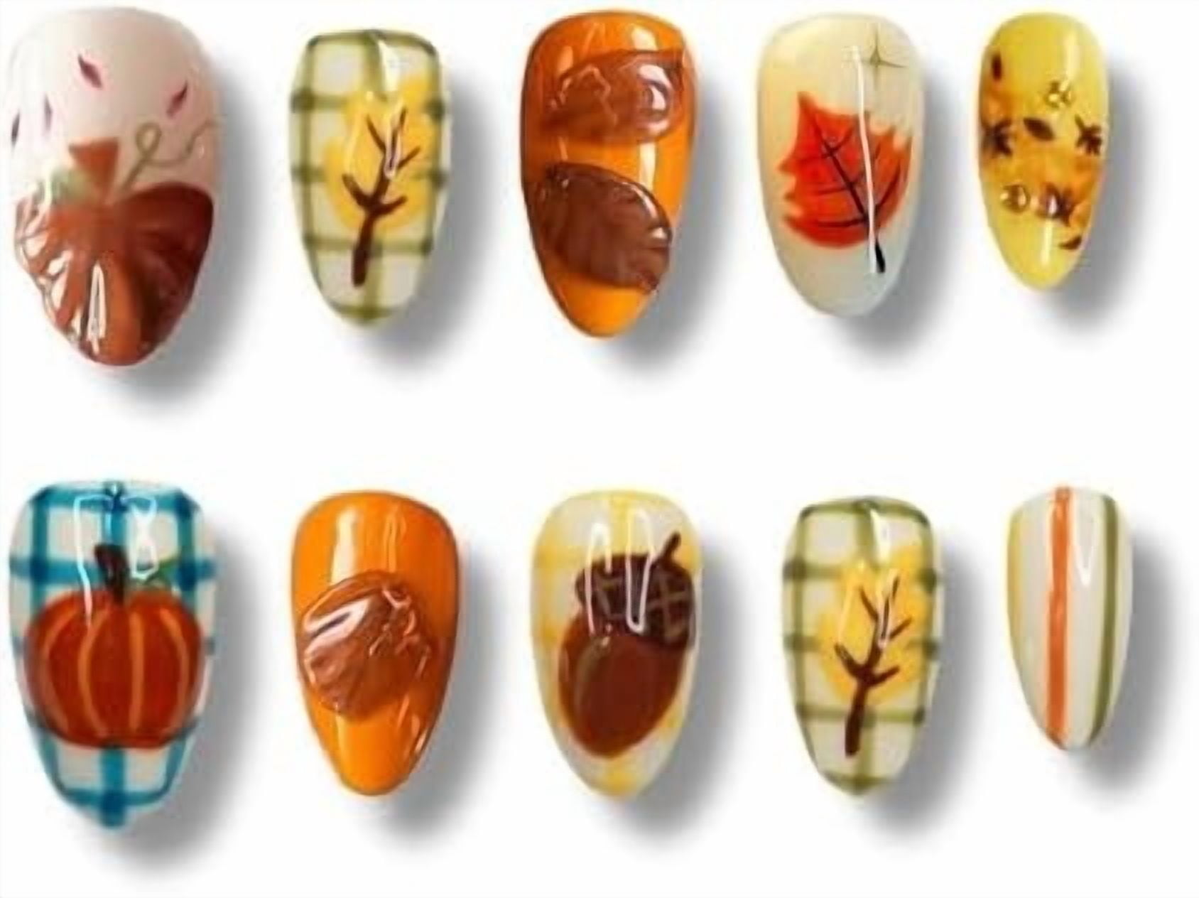 30 count Fall Press Nails Short Almond Nails with Leaf Pumpkins Designs ...