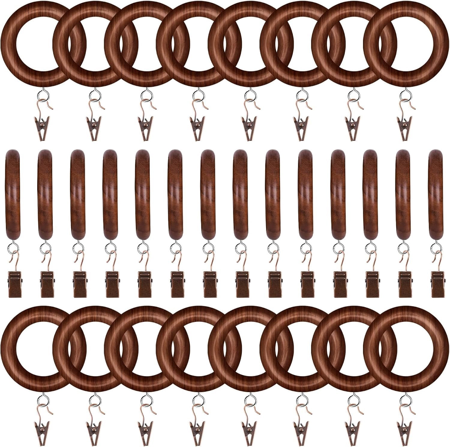 30 count Wooden Curtain Rod Rings with Curtain Clips, 1.8 Inch Inner ...