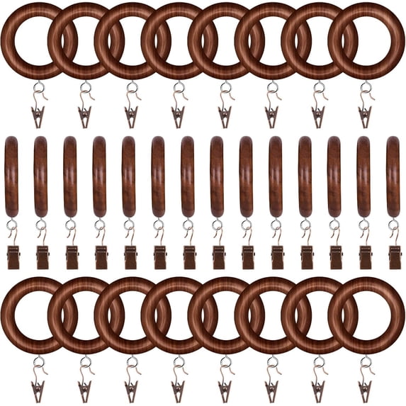 30 count Wooden Curtain Rod Rings with Curtain Clips, 1.8 Inch Inner ...
