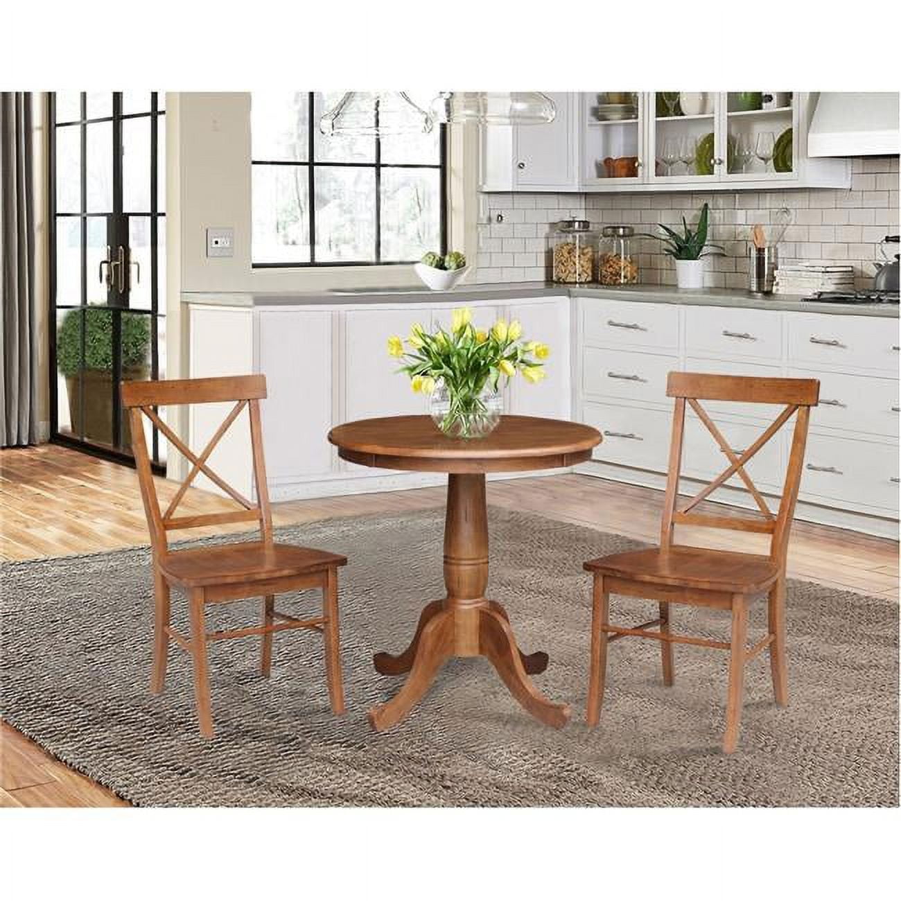 30 in. Round Top Pedestal Table with 2 X-Back Chair Set, Distressed Oak ...