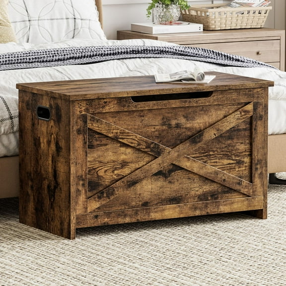 39.4" Storage Chest, Wooden Storage Bench with Safety Hinges, Easy ...