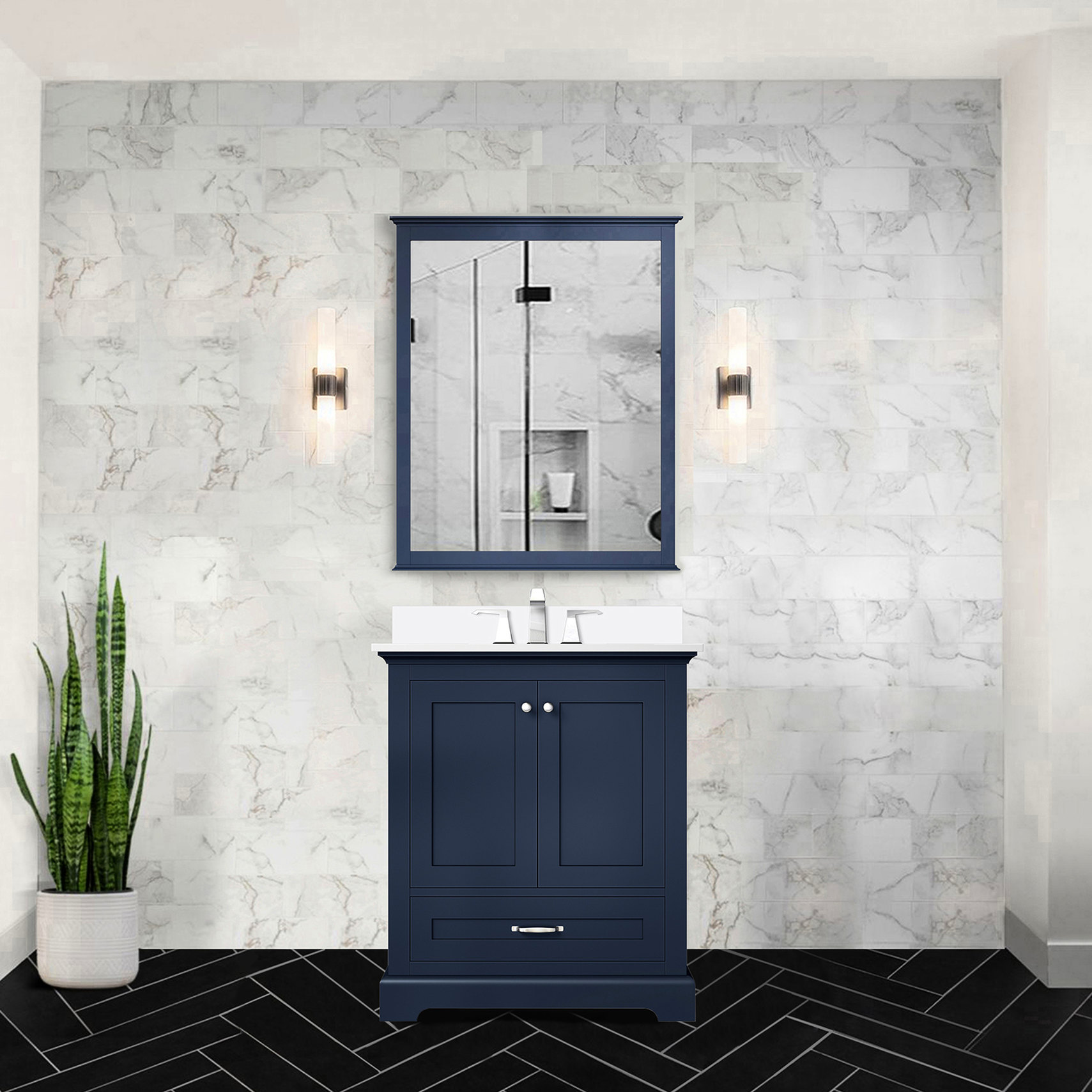 30 in. W Navy Blue Bathroom Vanity with Cultured Marble Top / Soft ...