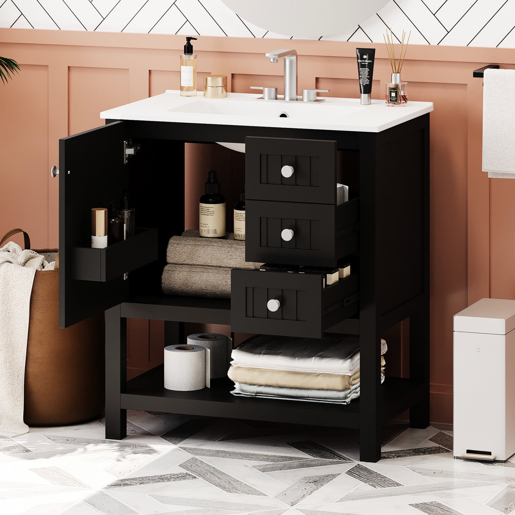 30-inch Black Vanity with Inset Ceramic Sink / Soft-Close Feature ...