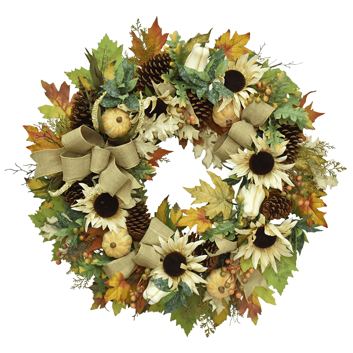 30-inch Fall Harvest Decorated Artificial Wreath with Cream Sunflowers ...