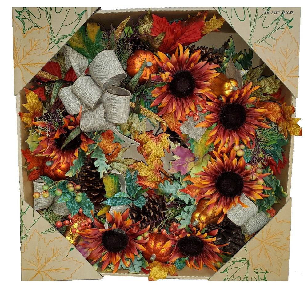 30-inch Fall Harvest Decorated Artificial Wreath with Orange Sunflowers ...