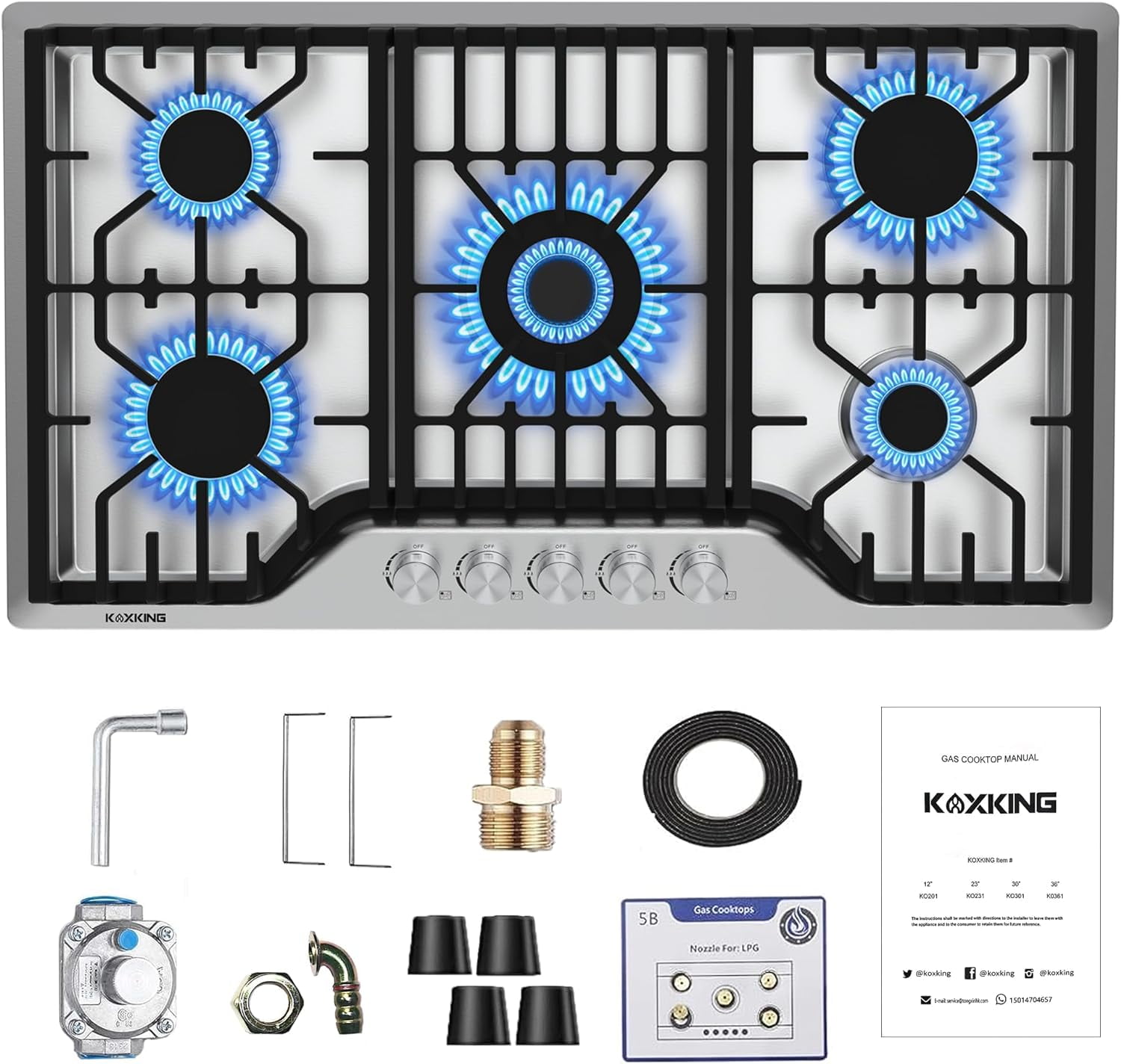 Adorer 30-Inch 5-Burner Stainless Steel Gas Cooktop, NG/LPG Convertible ...