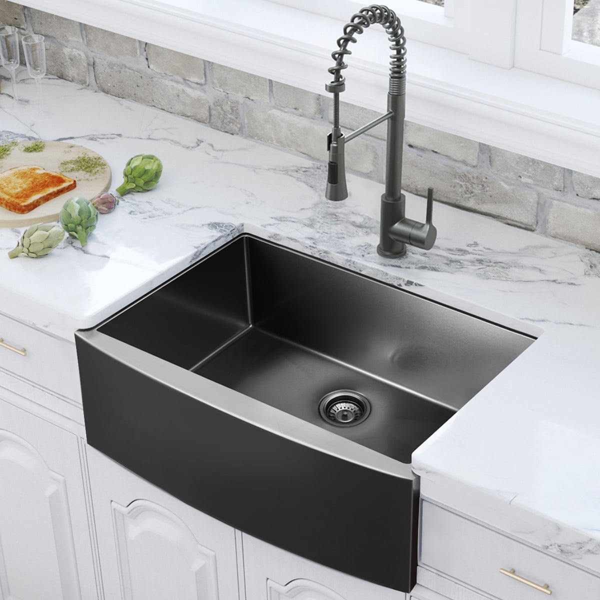 30-inch Gunmetal Black Farmhouse Kitchen Sink, 16 Gauge Stainless Steel ...