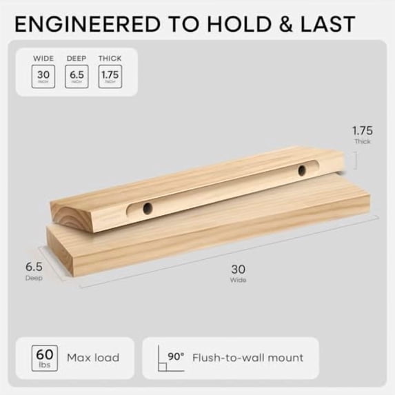 30 inch Natural Floating Shelf, High End Solid Real Wood 30inch Small ...