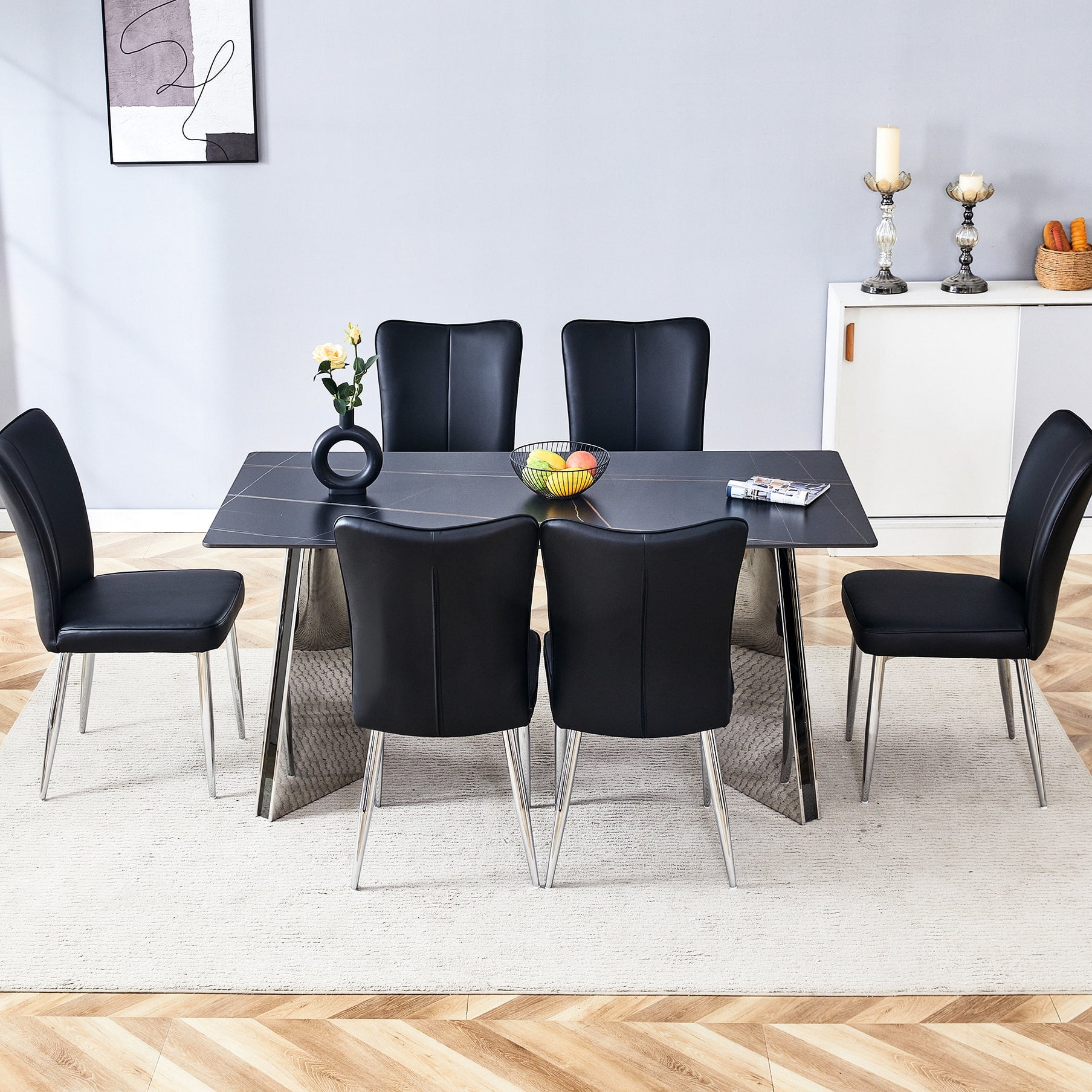 30-inch Table with 6 Silver Metal Legged PU Chairs for High-Class Home ...
