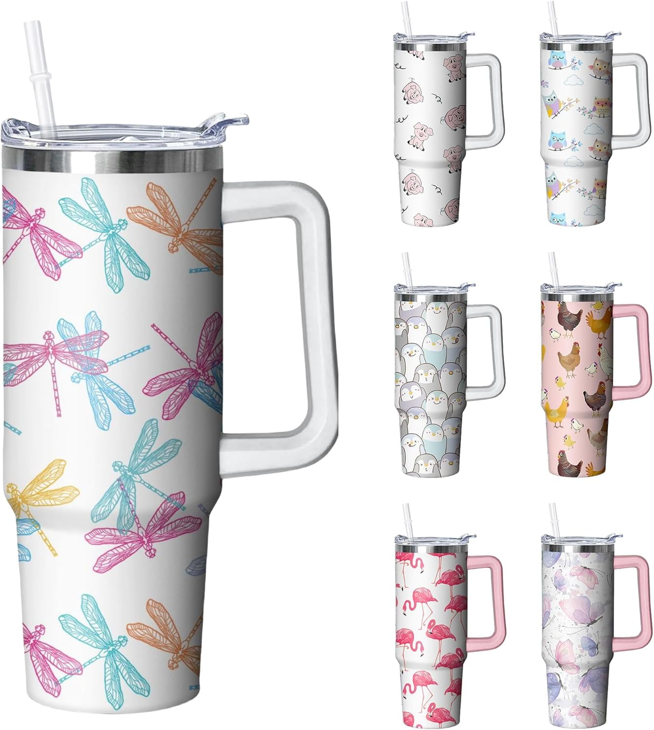 30 oz Dragonfly Tumbler with Handle and Straw, Insulated Stainless Steel Cup with Lid, Travel ...