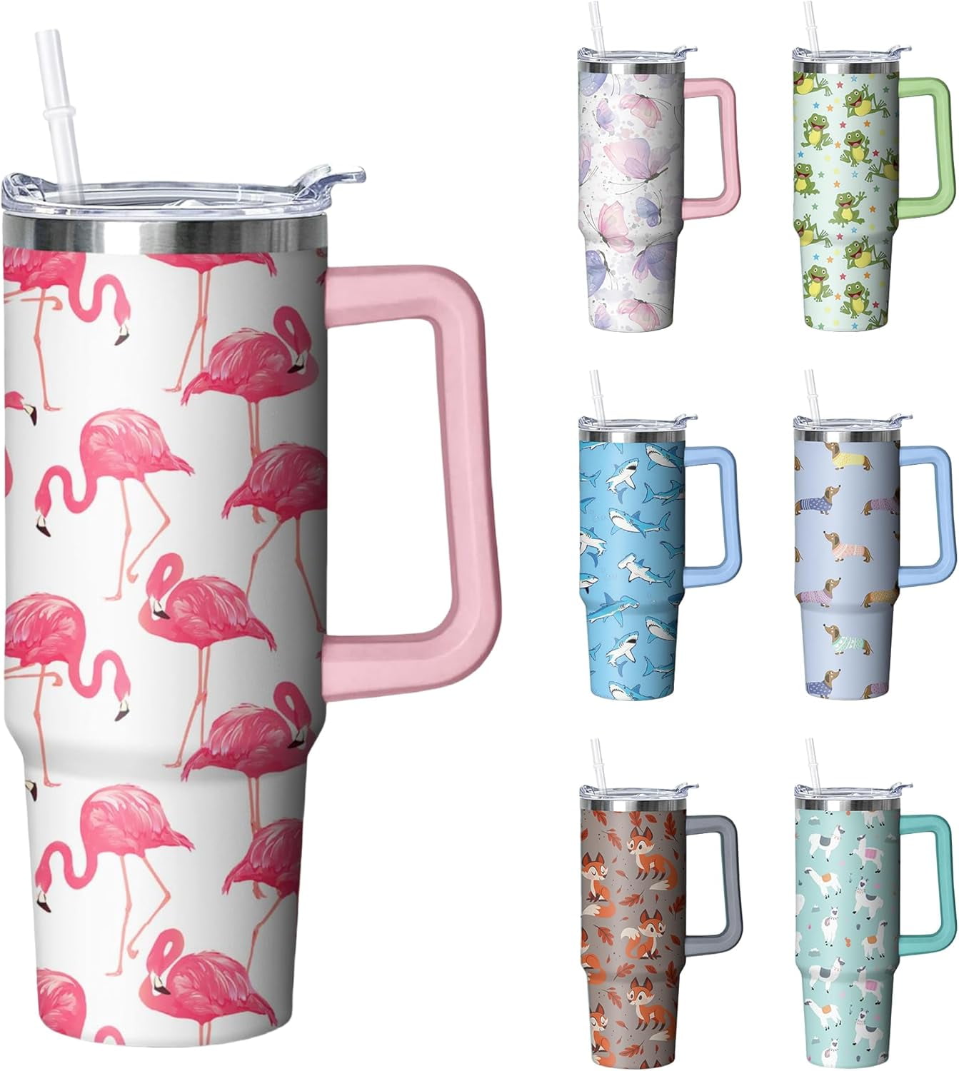 30 oz Flamingo Tumbler with Handle and Straw, Insulated Stainless Steel ...