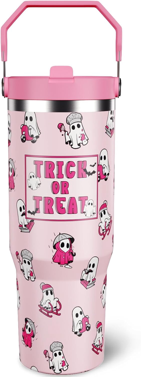 30 oz Halloween Tumbler with Handle and Straw, Retro Skeleton Skull ...