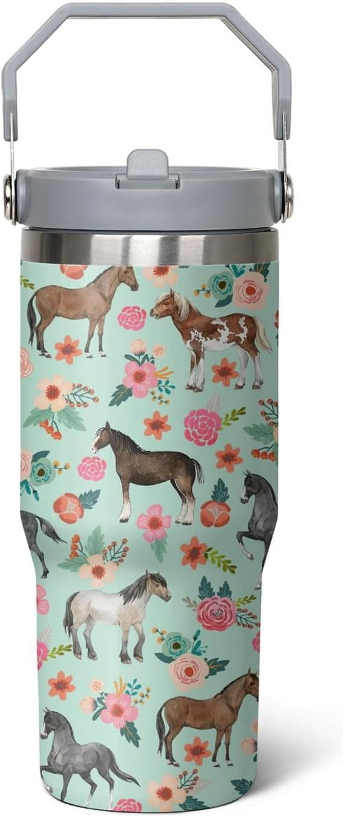 30 oz Horse Iceflow Flip Straw Tumbler with Handle, Cute Floral Horse ...