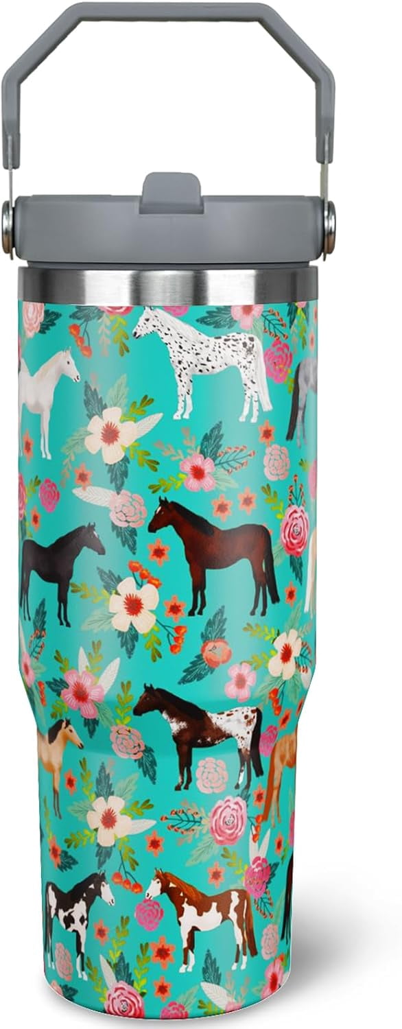 30 oz Horse Tumbler with Handle and Flip Straw, Vacuum Insulated Water ...