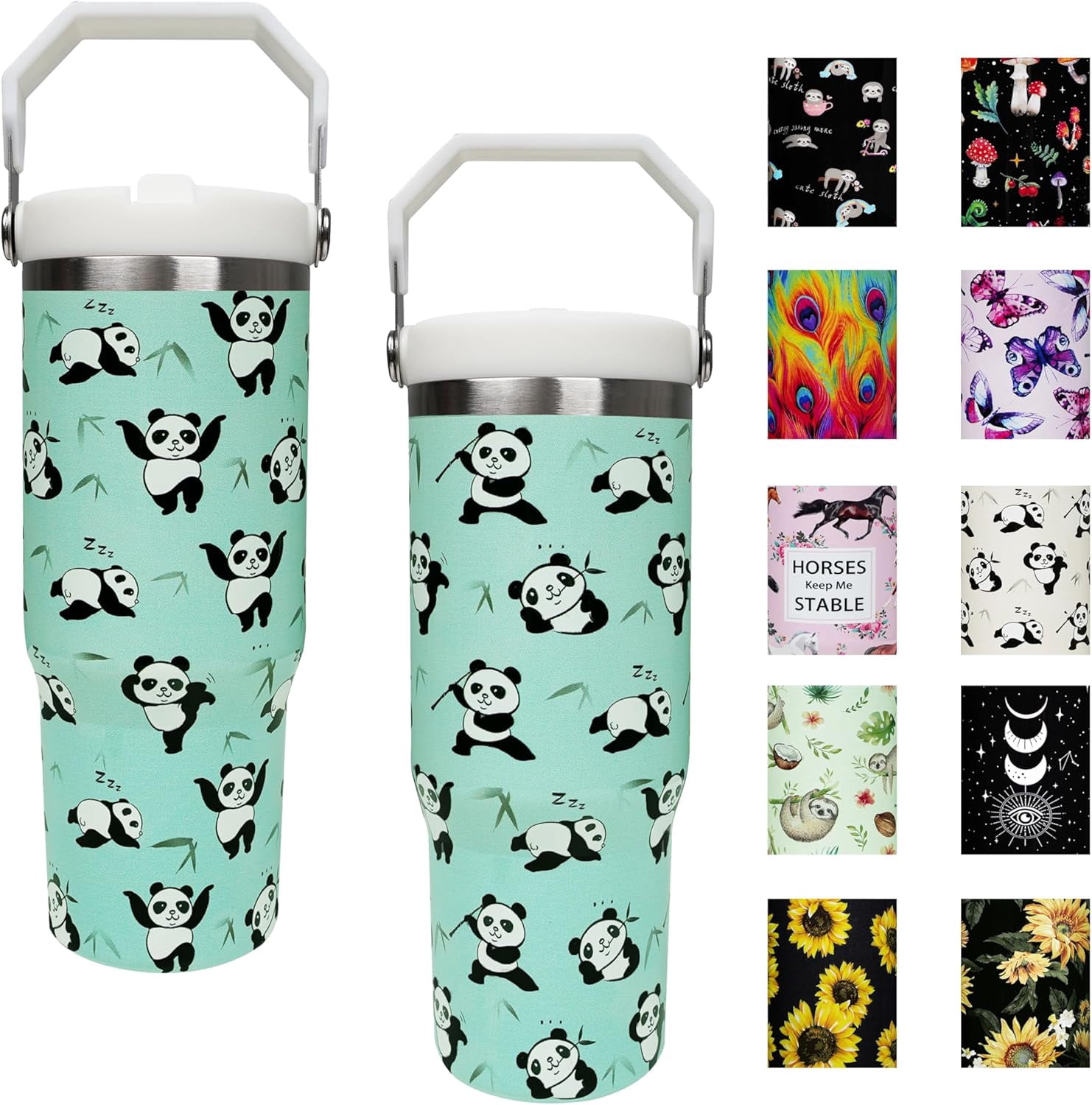30 oz Panda Flip Straw Tumbler with Top Handle for Panda Lover Resuable ...
