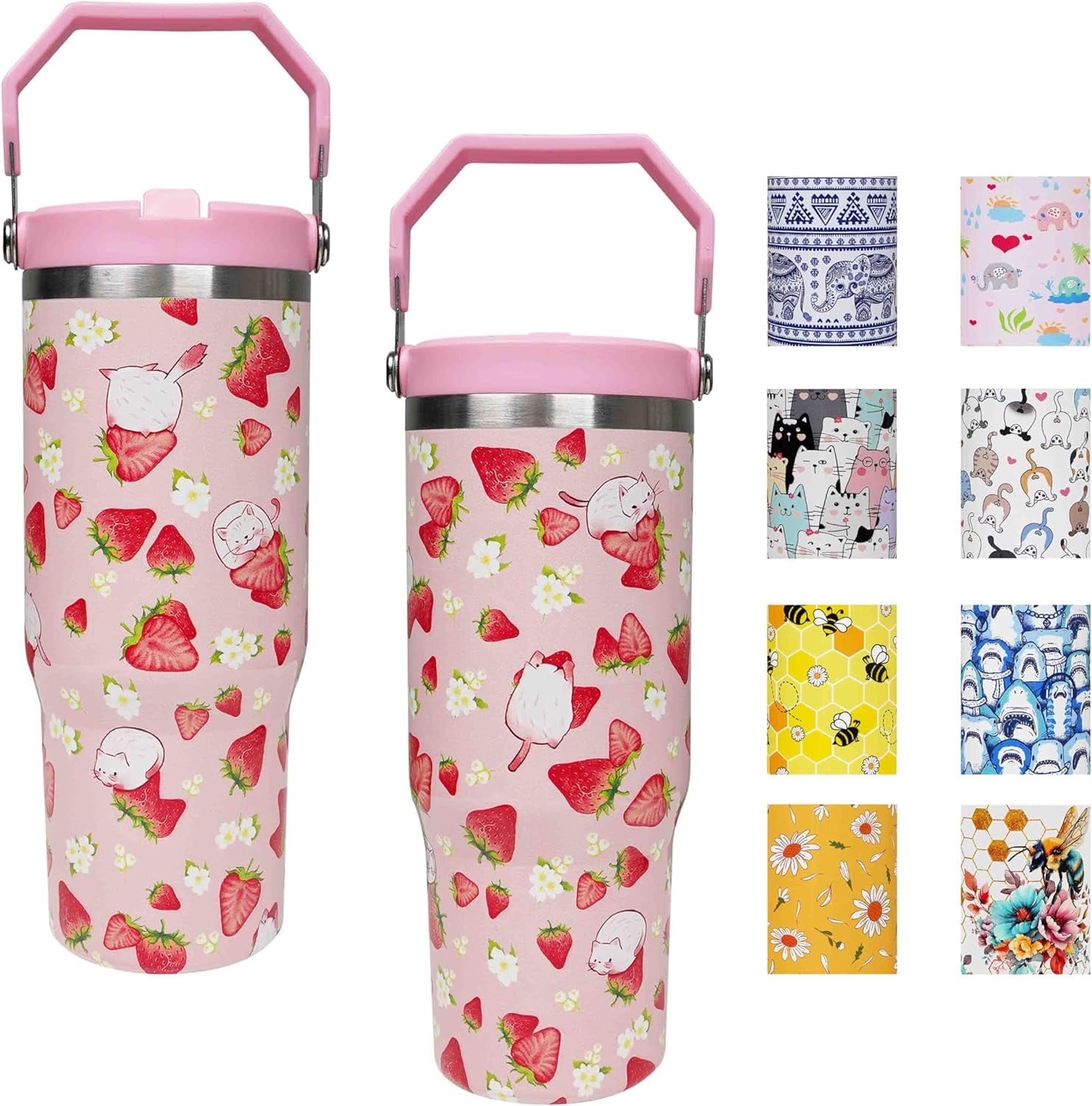30 oz Strawberry Flip Straw Tumbler with Top Handle for Strawberry ...