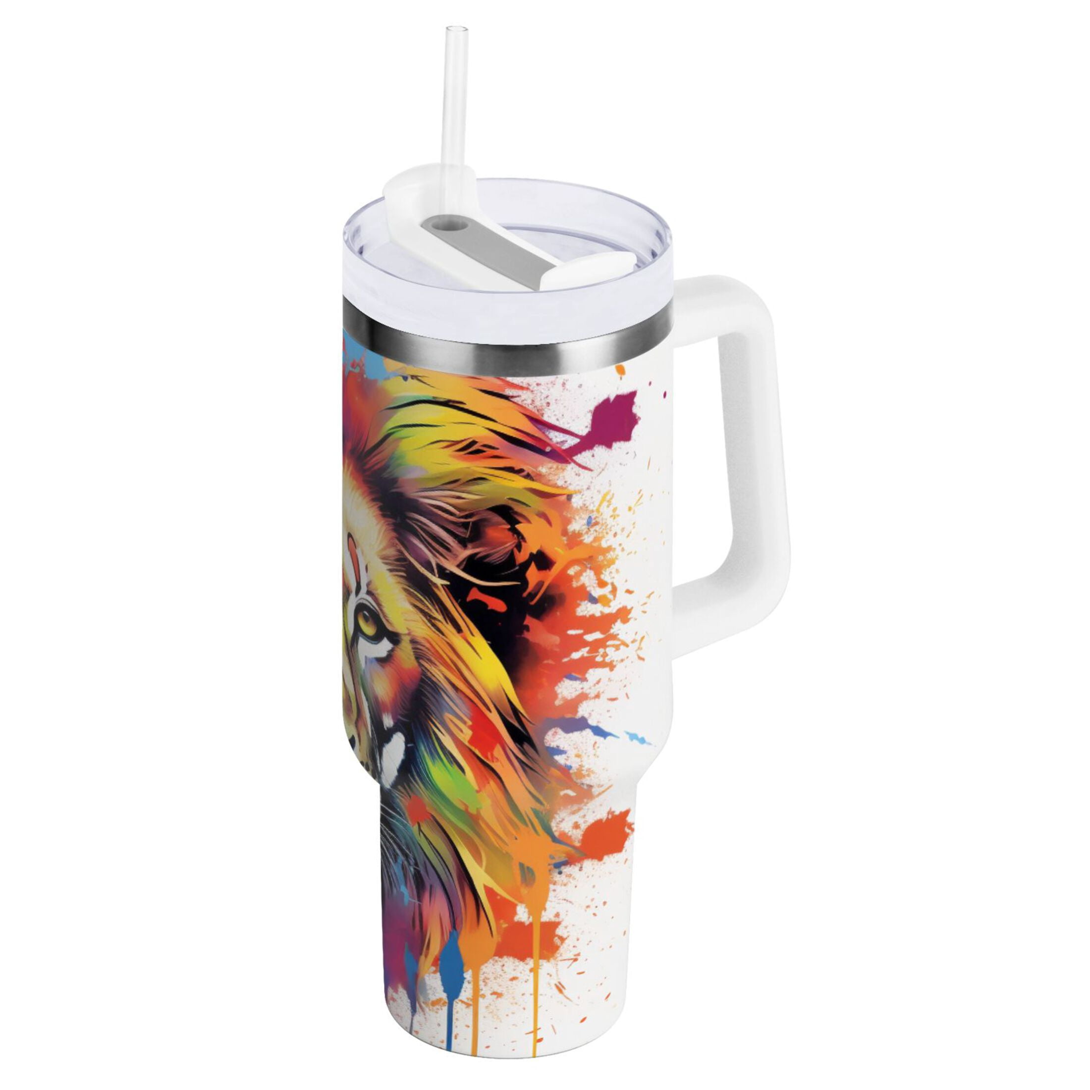 30 oz Tumbler with Handle and Straw Lid Colorful Lion Head Vacuum ...