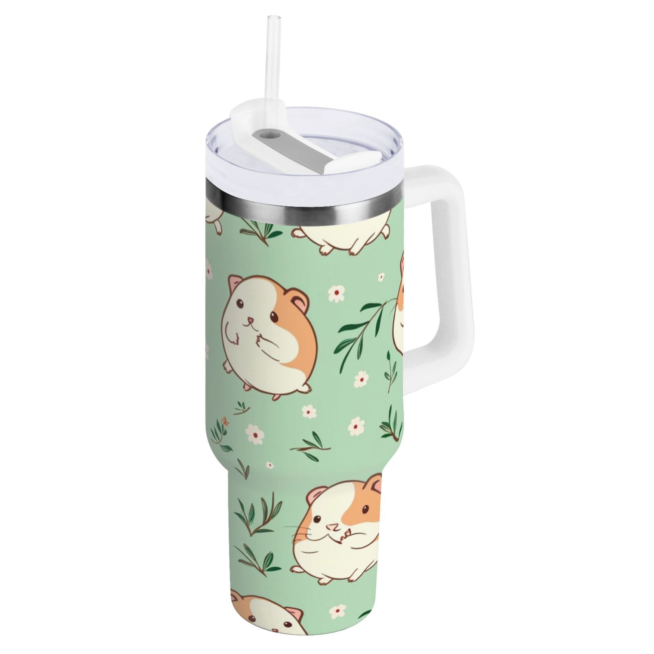 30 oz Tumbler with Handle and Straw Lid Cute Hamster and Leaf Vacuum ...