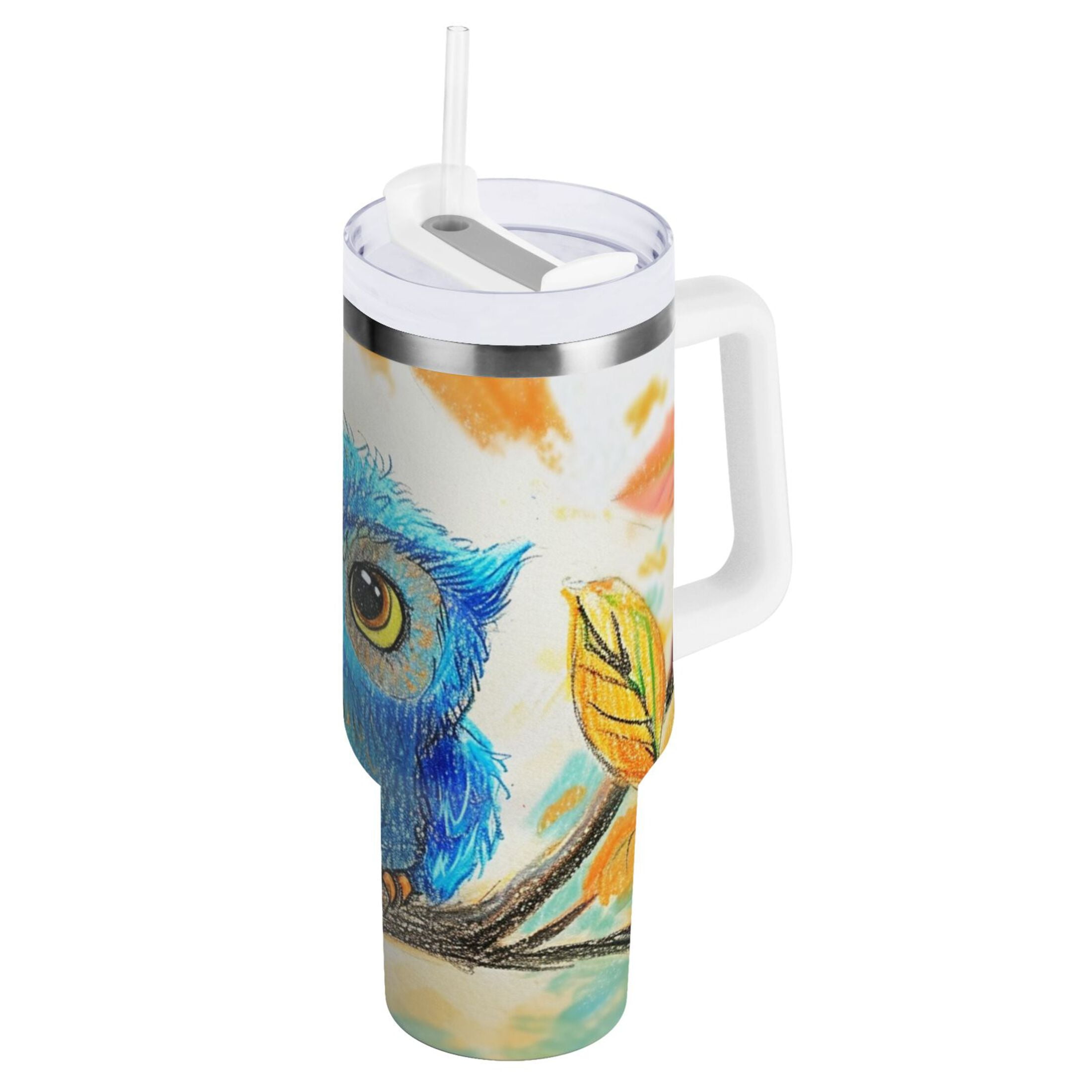 30 oz Tumbler with Handle and Straw Lid Cute Owl Bird on Branch Vacuum ...