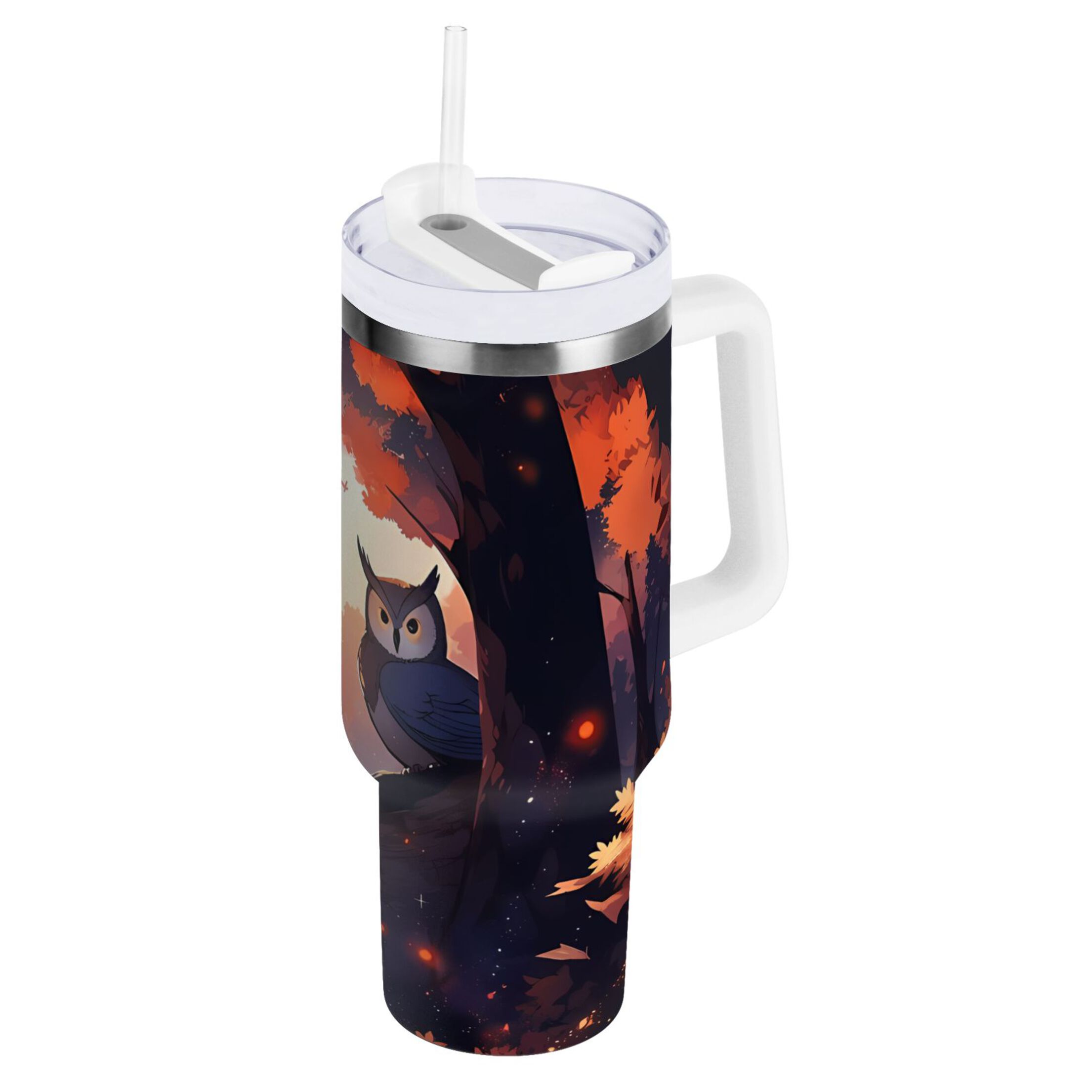 30 oz Tumbler with Handle and Straw Lid Owl in Autumn Forest Vacuum ...