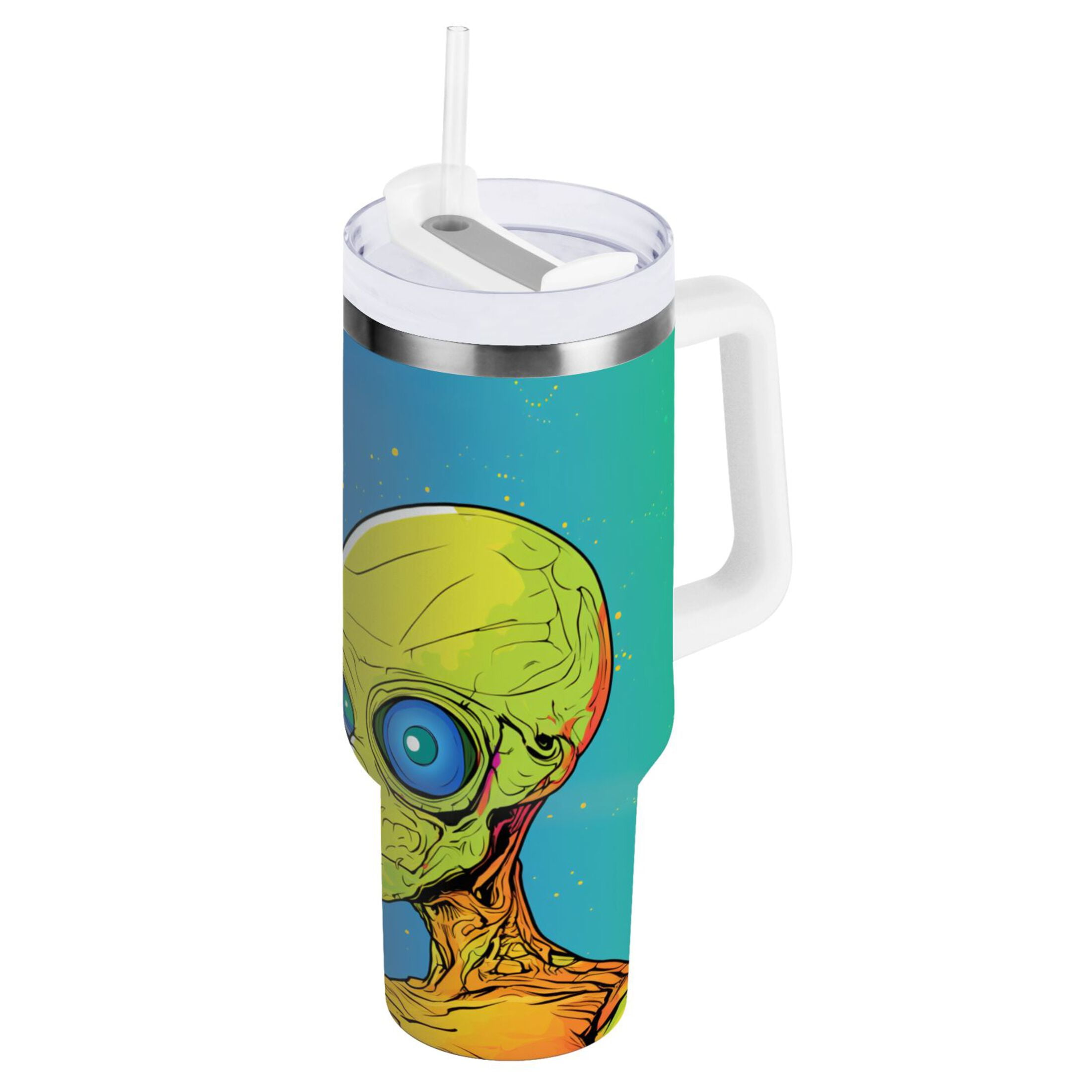 30 oz Tumbler with Handle and Straw Lid Pink and Yellow Aliens Vacuum ...