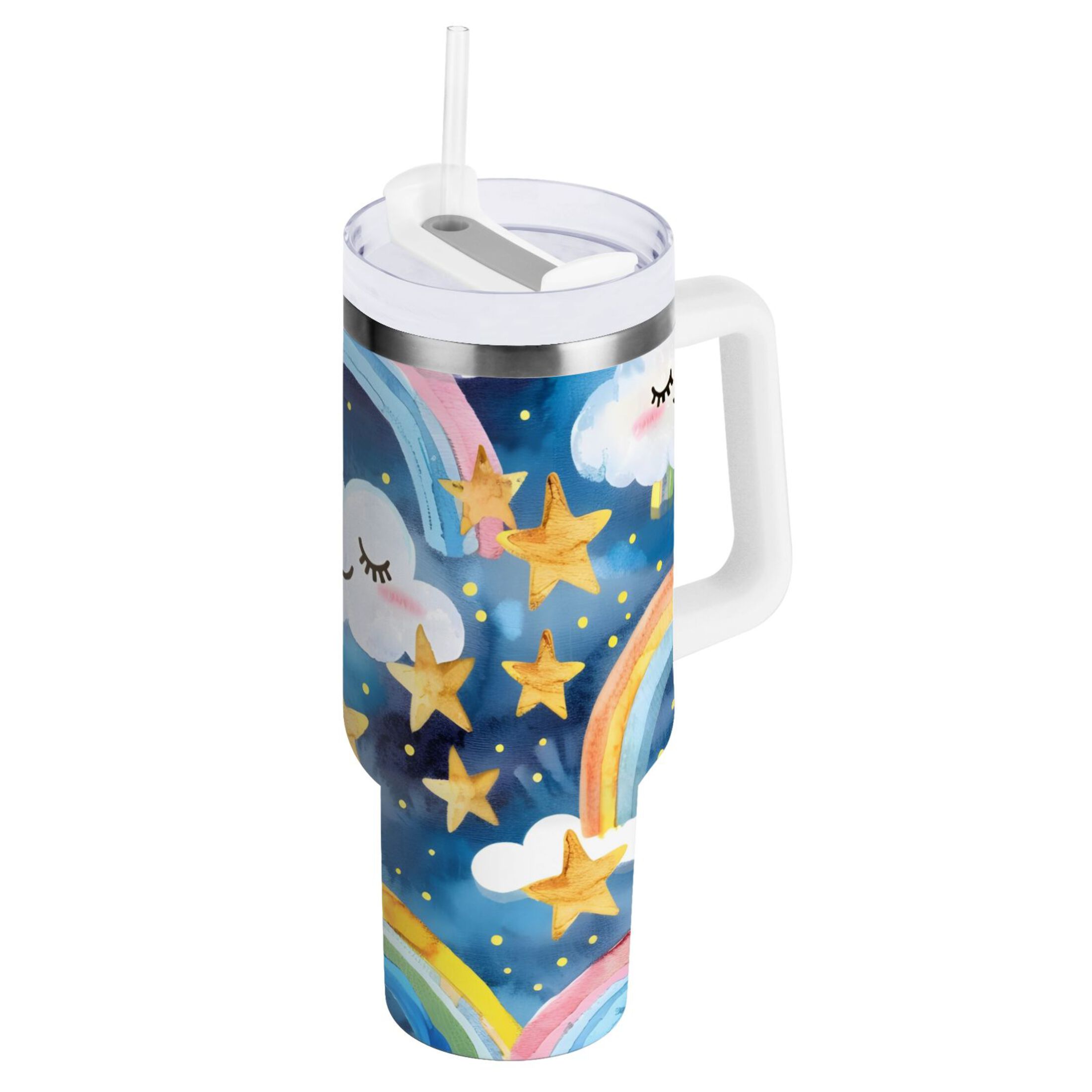 30 oz Tumbler with Handle and Straw Lid Rainbow Clouds Stars Moon ...
