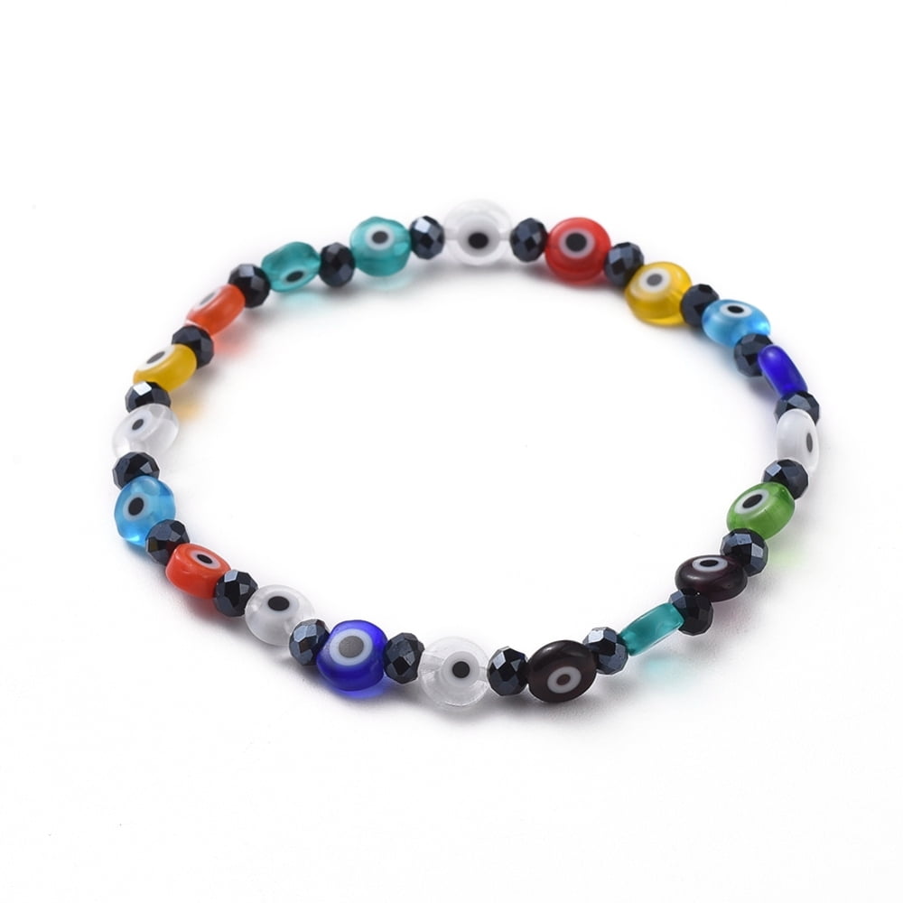 30 pc Handmade Evil Eye Lampwork Flat Round Beads Stretch Bracelets ...